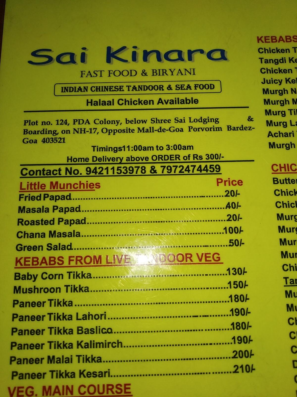 Menu at Sai Kinara, Pilerne