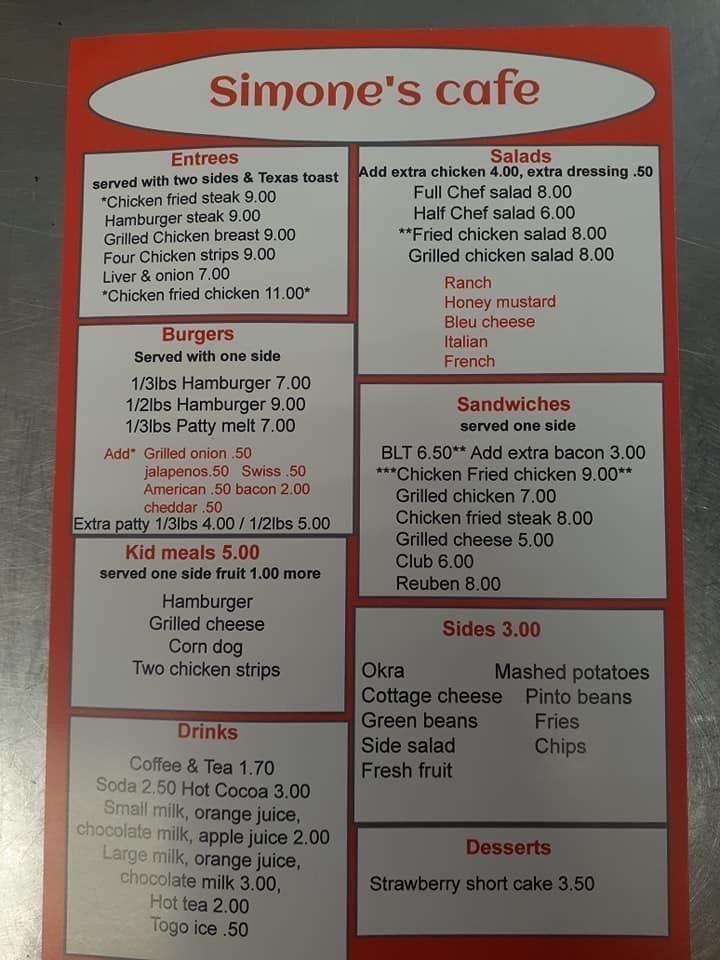 Menu at Simone's Cafe, Guthrie, S Division St