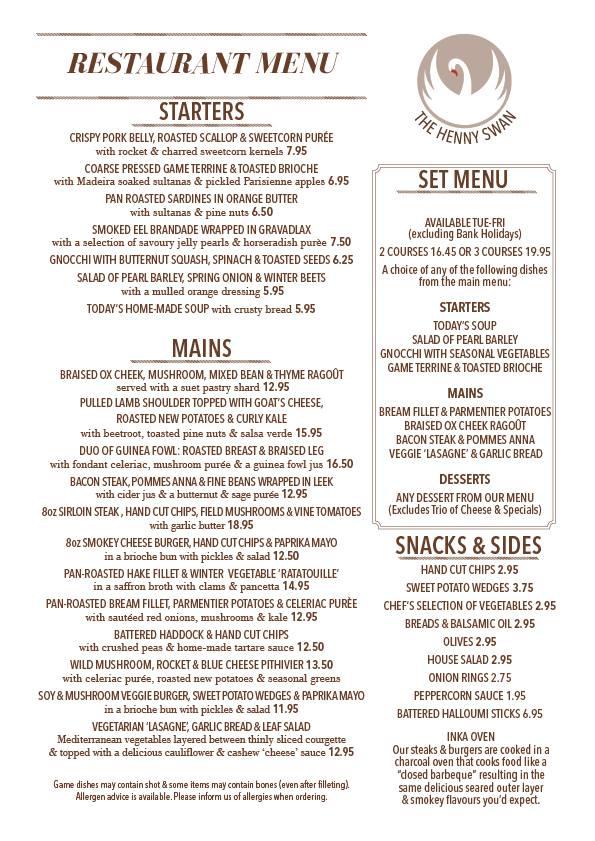 Menu at The Henny Swan restaurant, Sudbury, Henny Rd