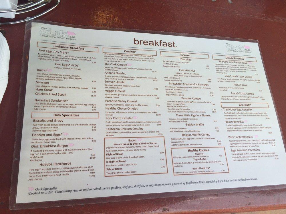 Menu at The Oink Cafe, Phoenix