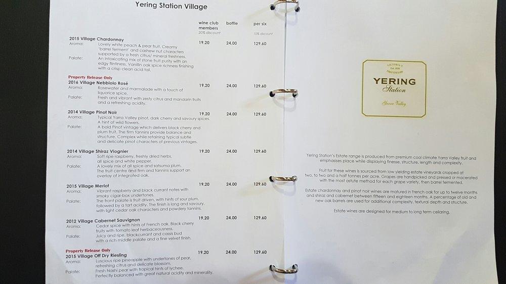 Menu at Yering Station Winery pub & bar, Yering
