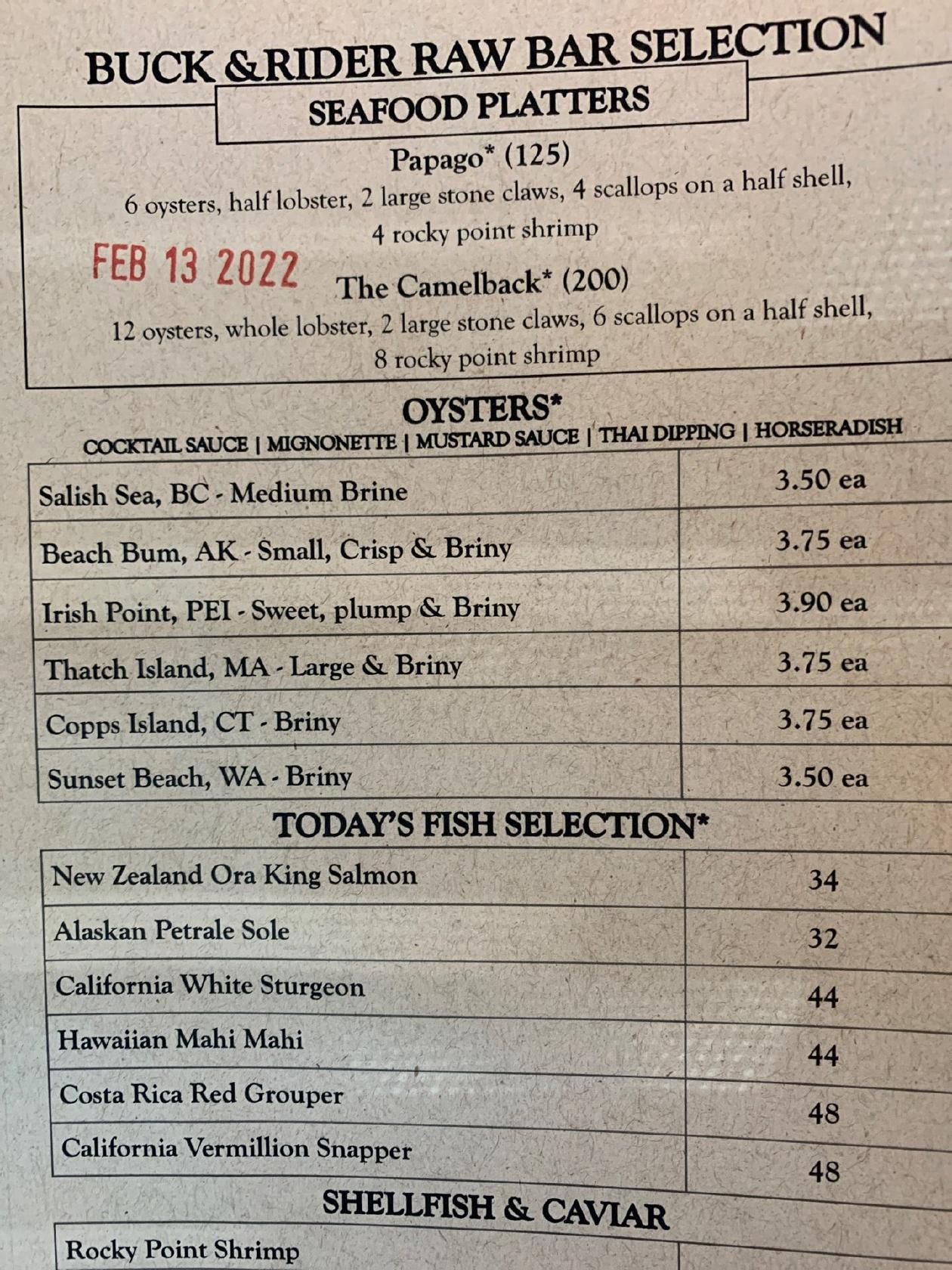 Menu at Buck & Rider steakhouse, Phoenix