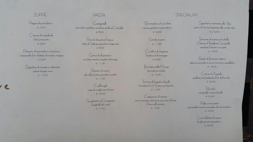 Menu da Il Santo Bevitore ristorante, Firenze, Via Santo Spirito