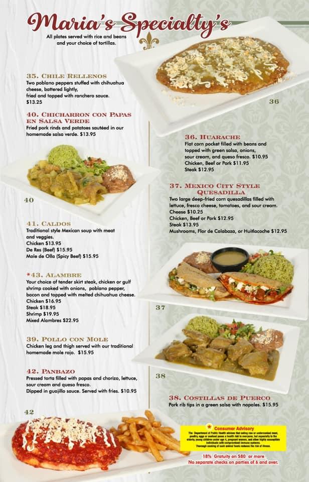 Menu at Mi Maria Bonita restaurant, Griffith