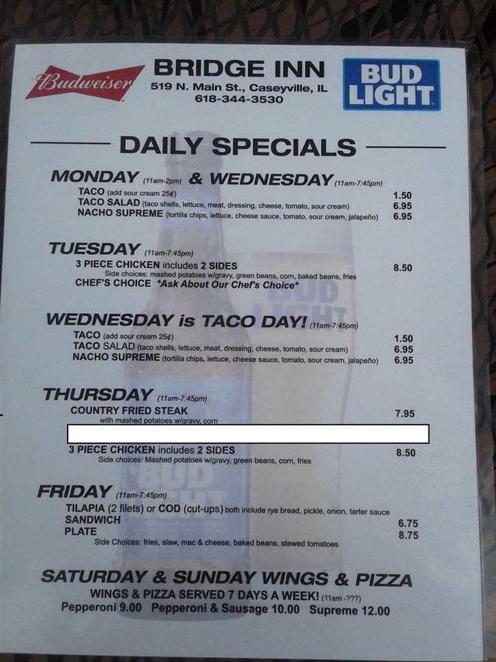 Menu at Caseyville Bridge Inn pub & bar, Caseyville