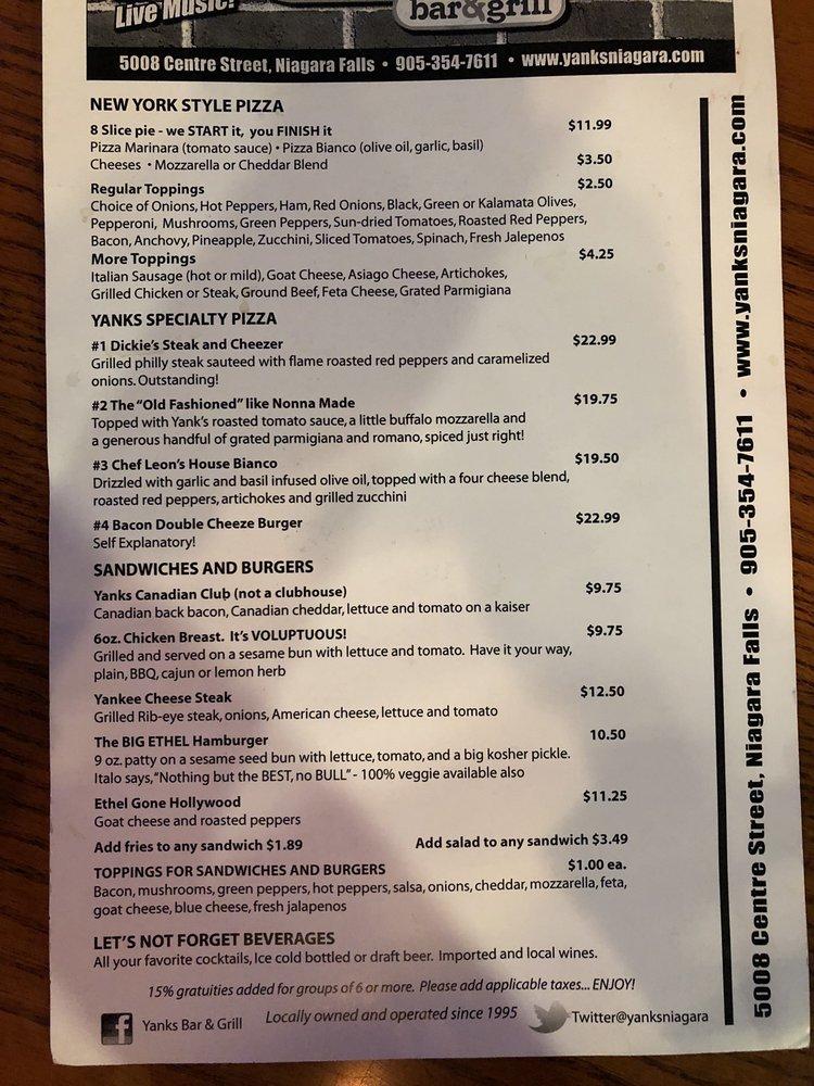 Menu at Yank's Old Niagara Bar & Grill, Niagara Falls