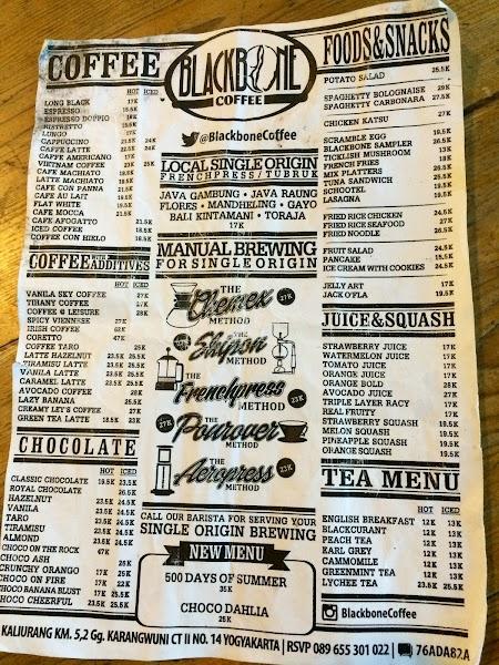 Menu at Blackbone Coffee cafe, Yogyakarta, Jl. Kaliurang Km. 5