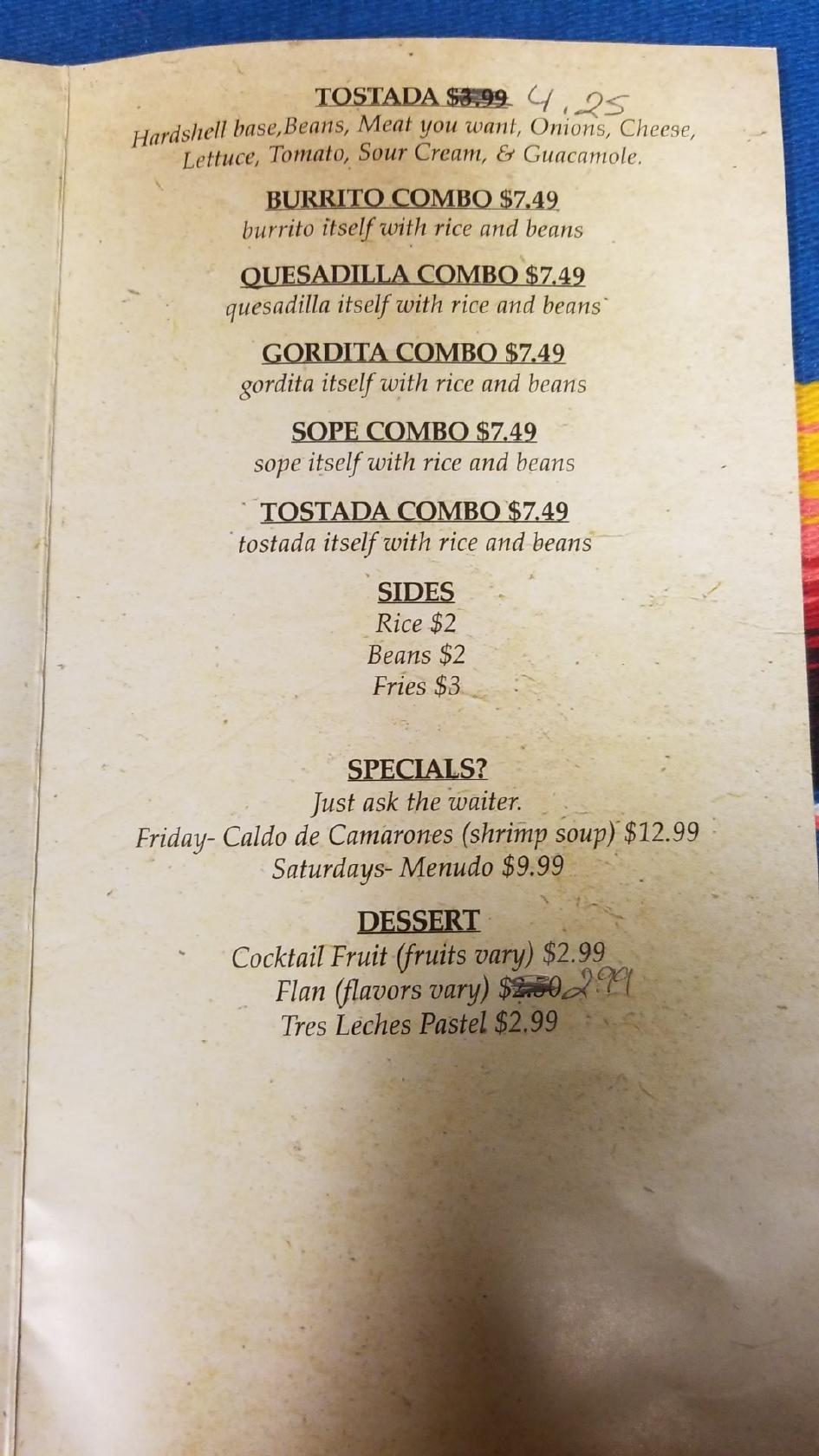 Menu at El Pastor Mexican Food restaurant, Umatilla