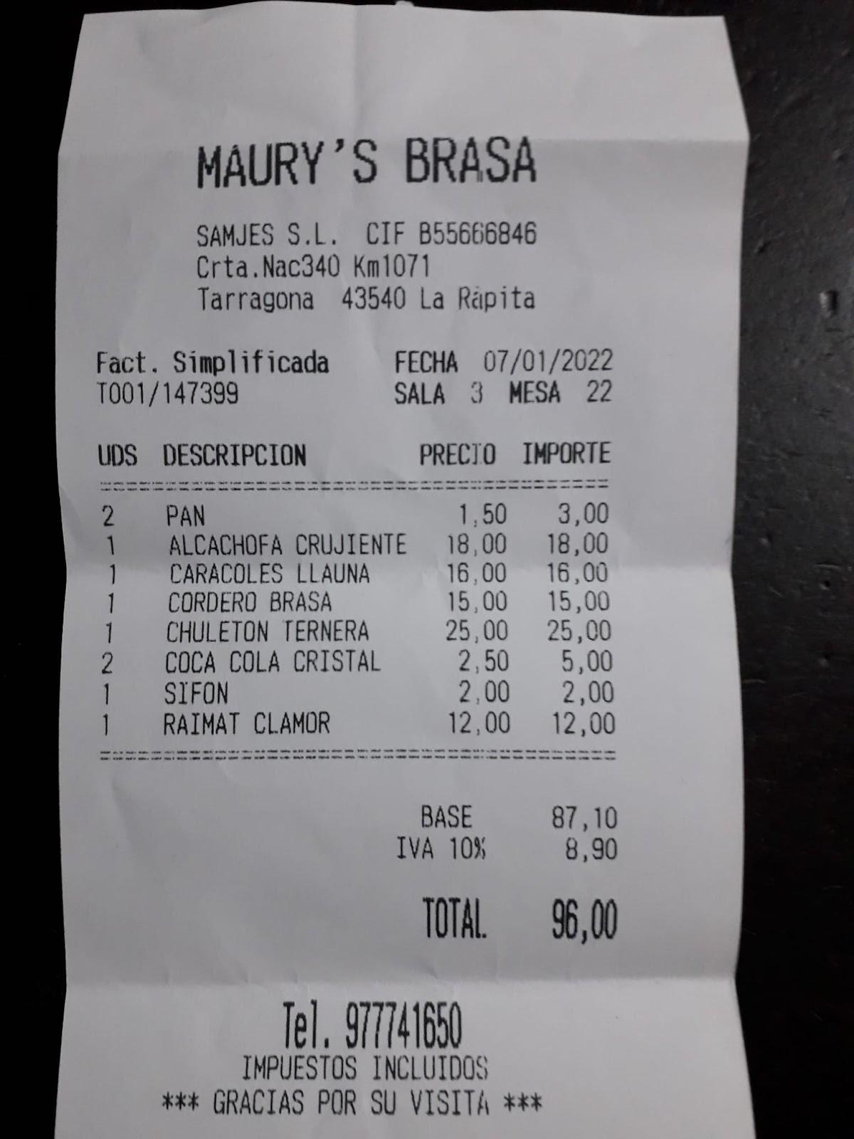 Carta del restaurante Maury's Brasa, San Carlos del la Rápita