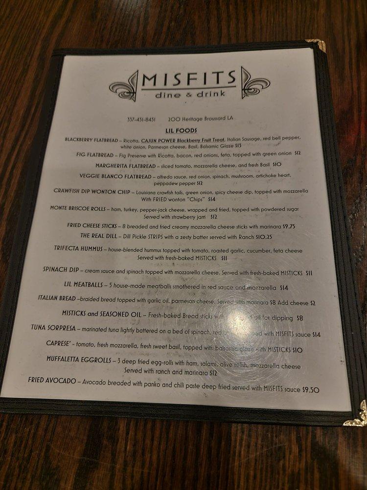 Menu at Misfits Dine & Drink pub & bar, Broussard