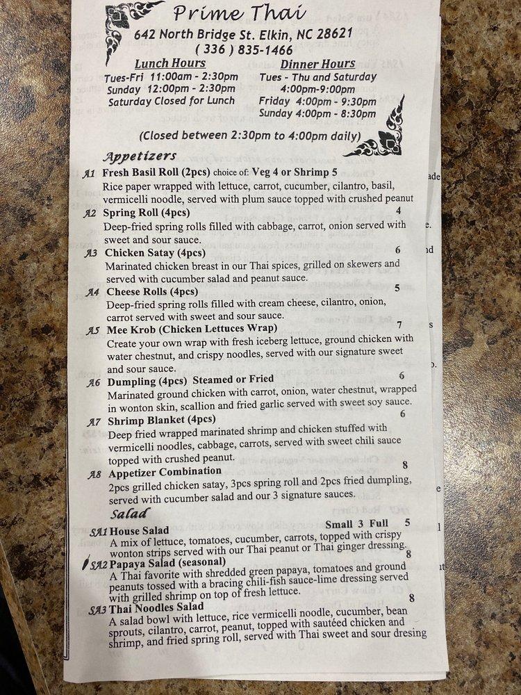 Menu at Prime Thai restaurant, Elkin