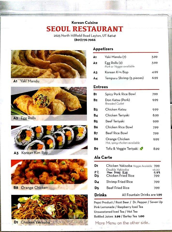 Menu at Seoul Korean Restaurant, Layton