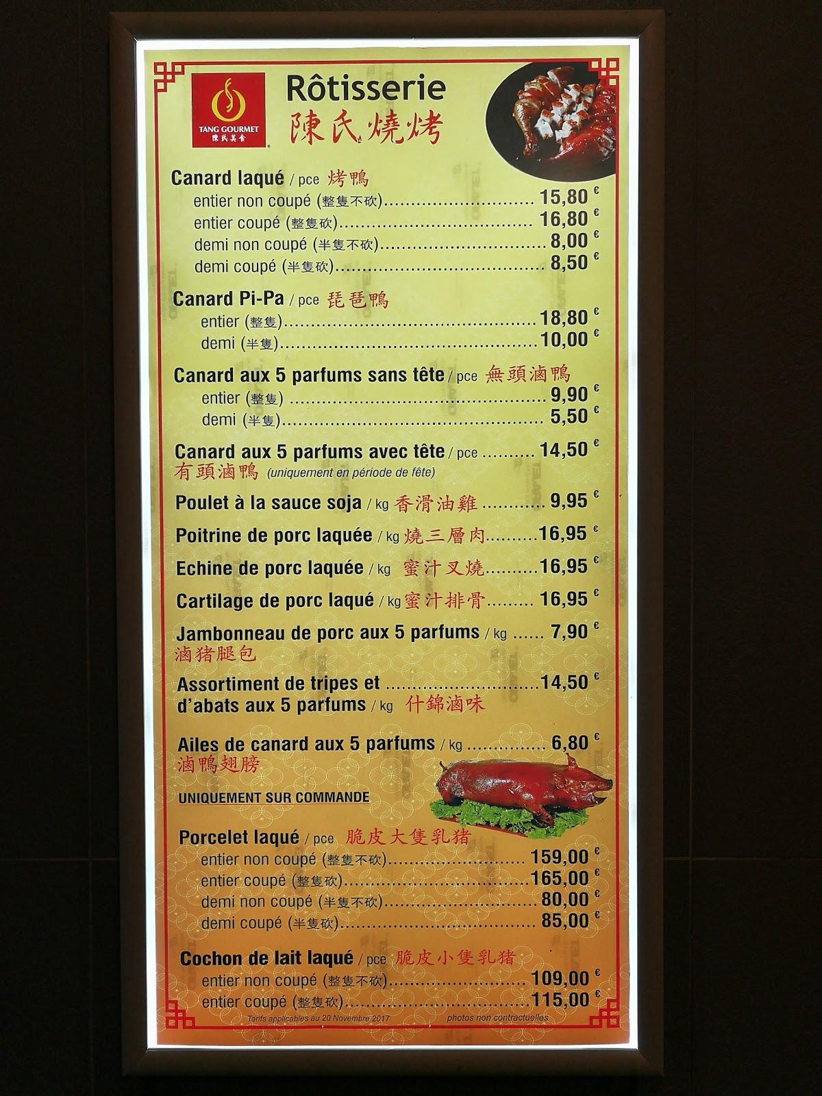 Menu au Tang Gourmet restaurant, Lognes