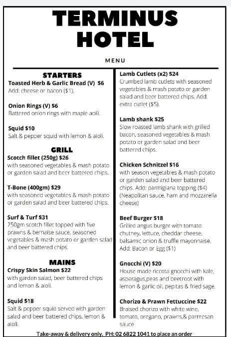 Menu at Terminus Hotel pub & bar, Coonamble