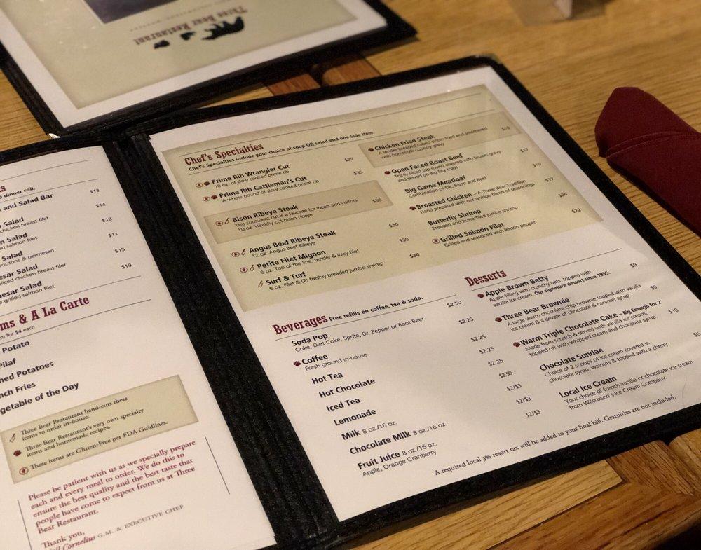 Menu at Three Bear Restaurant, West Yellowstone