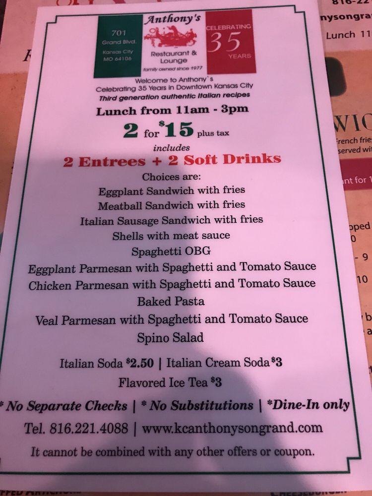Menu at Anthony's Restaurant & Lounge, Kansas City, 701 Grand Blvd