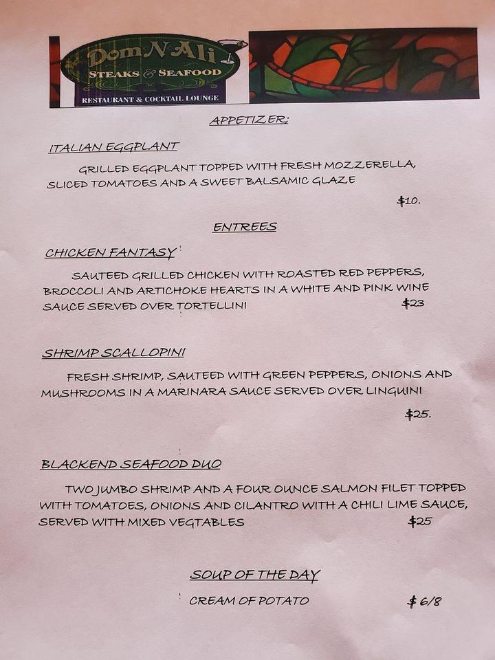 Menu at Dom N Ali steakhouse, Jim Thorpe