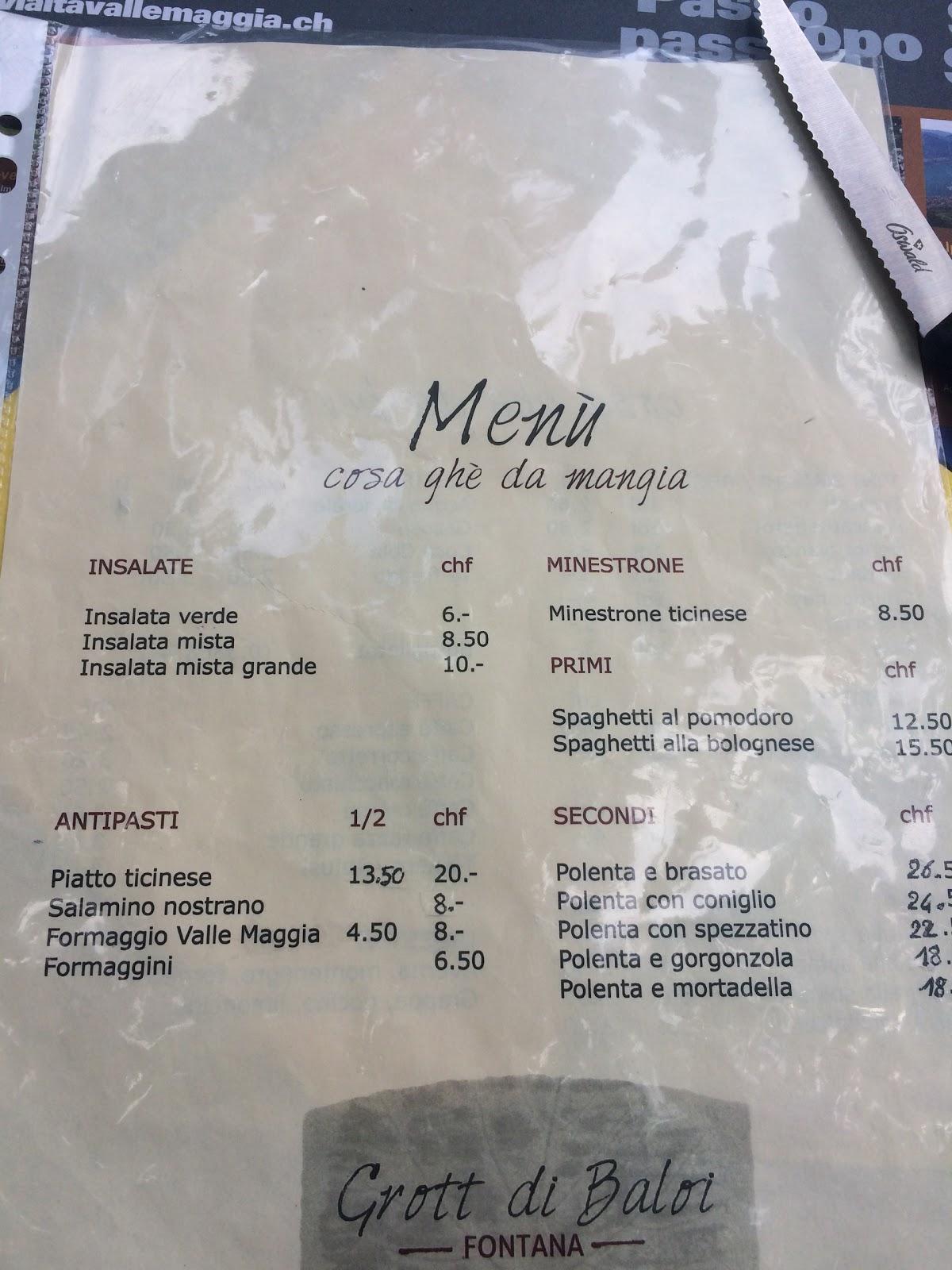 Menu da Grotto Balöi, Cevio