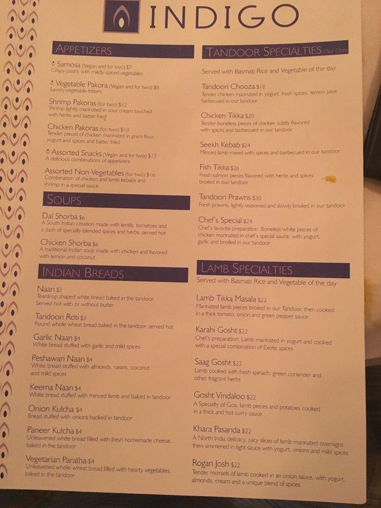 Menu at Indian Rehoboth Indigo Restaurant, Rehoboth Beach