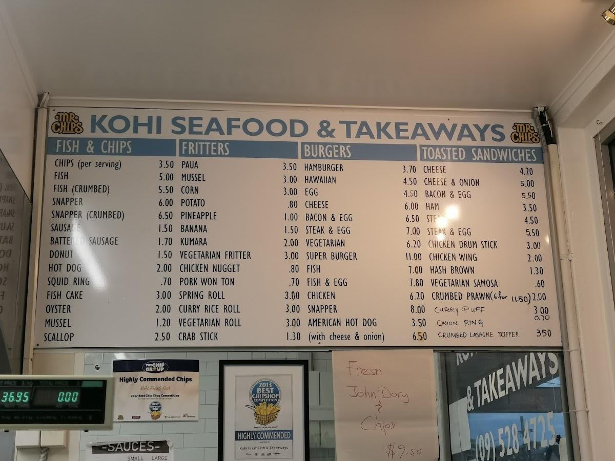 Menu at Kohi Fresh Fish & Takeaways fast food, Auckland