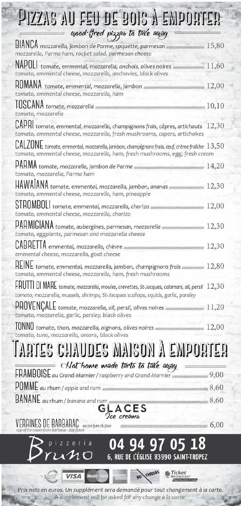 Menu at Pizzeria Bruno, Saint-Tropez