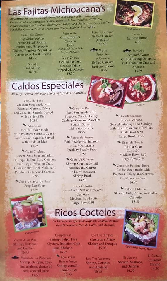 Menu at Tacos y Mariscos La Michoacana restaurant, Lompoc, N A St