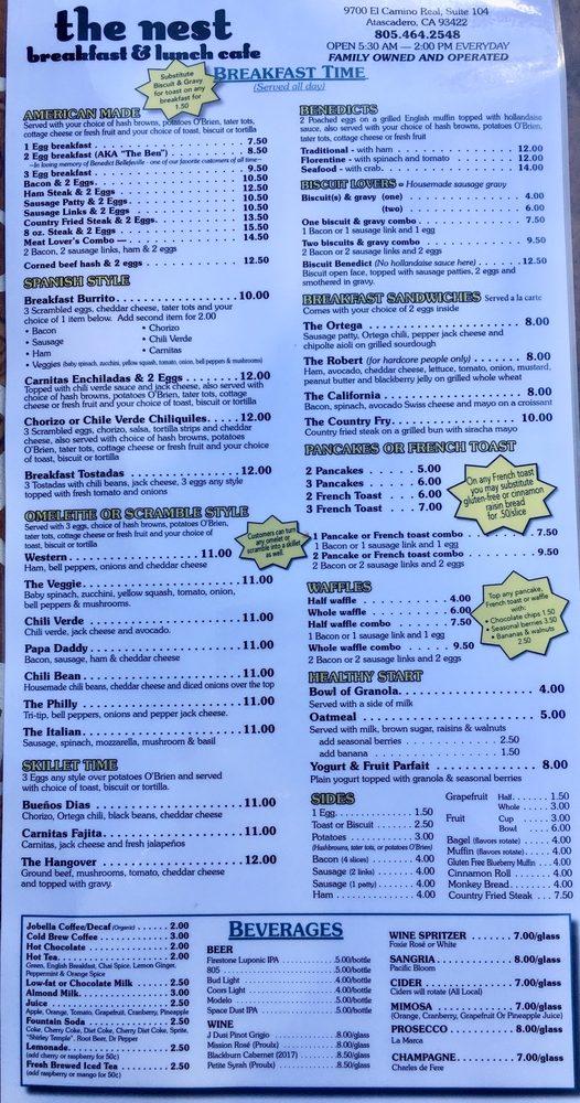 Menu at The Nest cafe, Atascadero