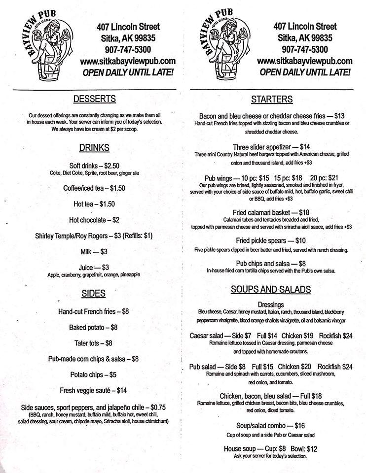Menu at Bayview Restaurant, Sitka, 407 Lincoln St Upstairs