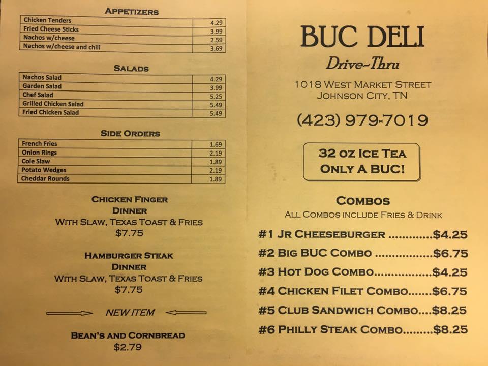 Menu at Buc Deli Drive-Thru restaurant, Johnson City