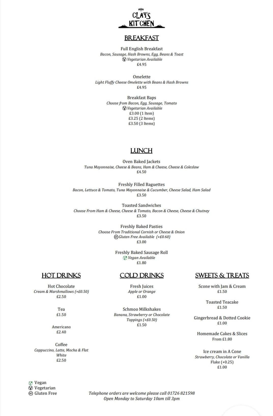 Carta del café Clays Kitchen, Saint Dennis