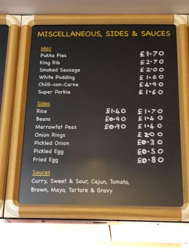 Menu at Harbour Fry fast food, Kirkwall