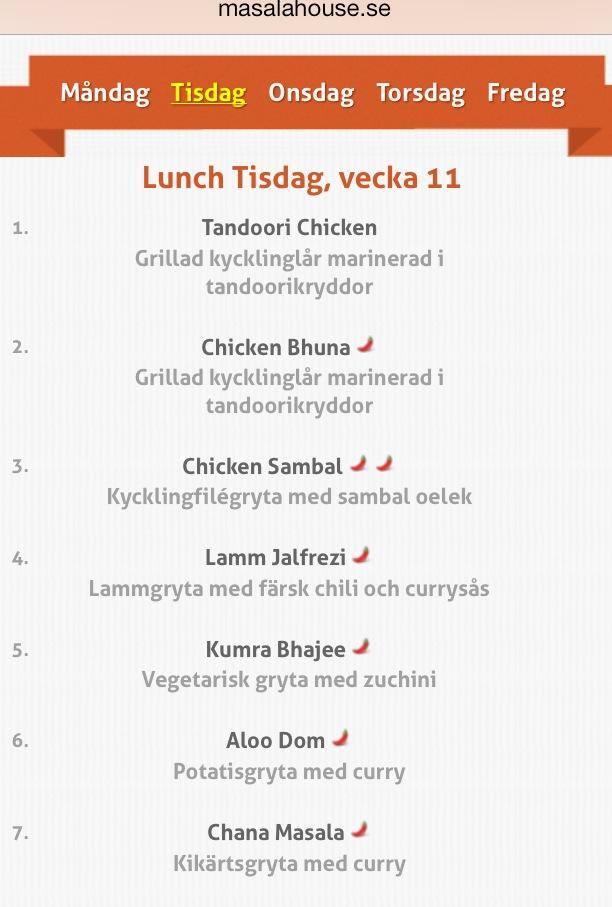 Menu at Masala House restaurant, Malmö