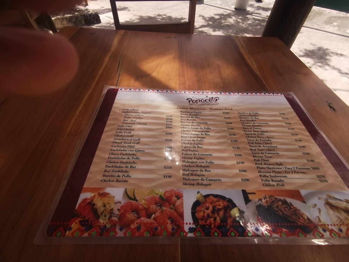 Menu at Papacito restaurant, Puerto Aventuras