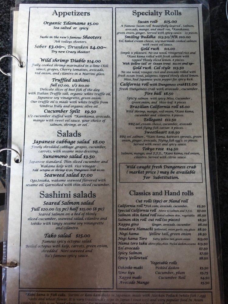 Menu at Sushi In the Raw restaurant, Nevada City, 135 Argall Way