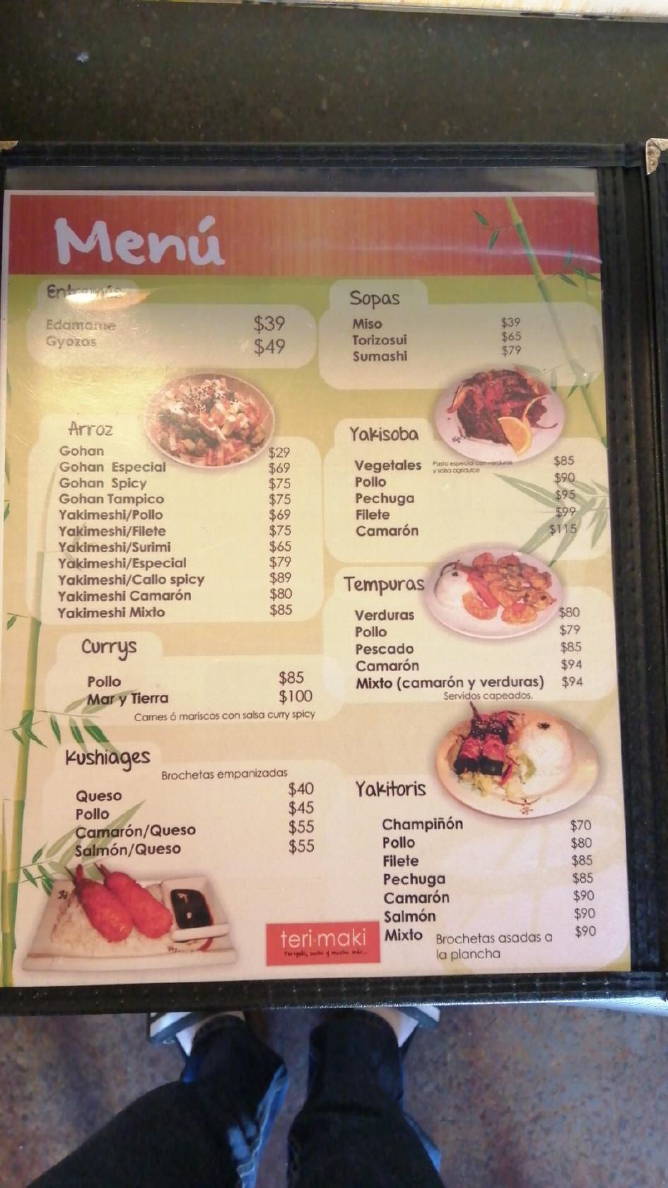 Carta del restaurante Teri Maki, Tijuana