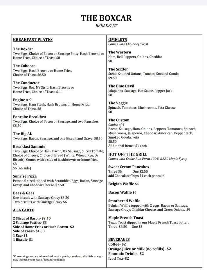 Menu at The Boxcar of Saint Marys restaurant, Saint Marys