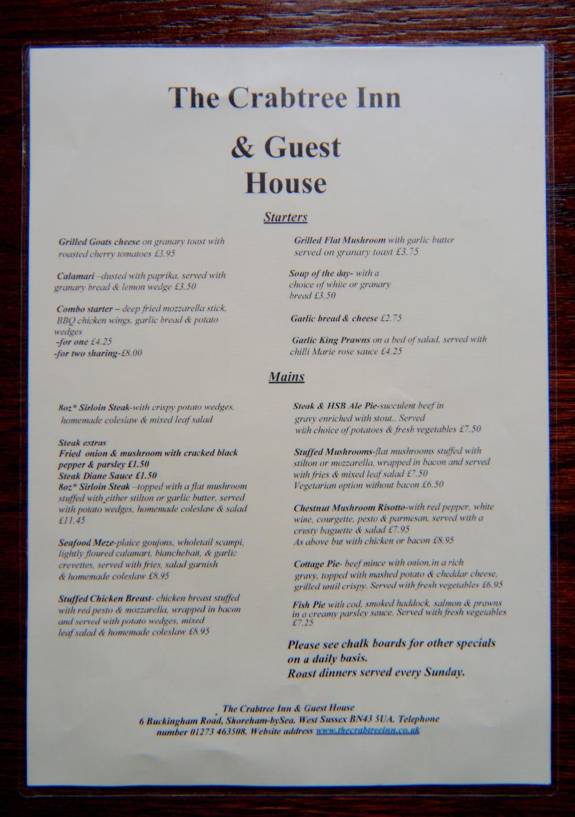 Menu at The Crabtree pub & bar, Shoreham-by-Sea