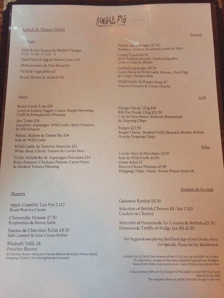 Menu at The Ginger Pig - Restaurant & Rooms, Hove