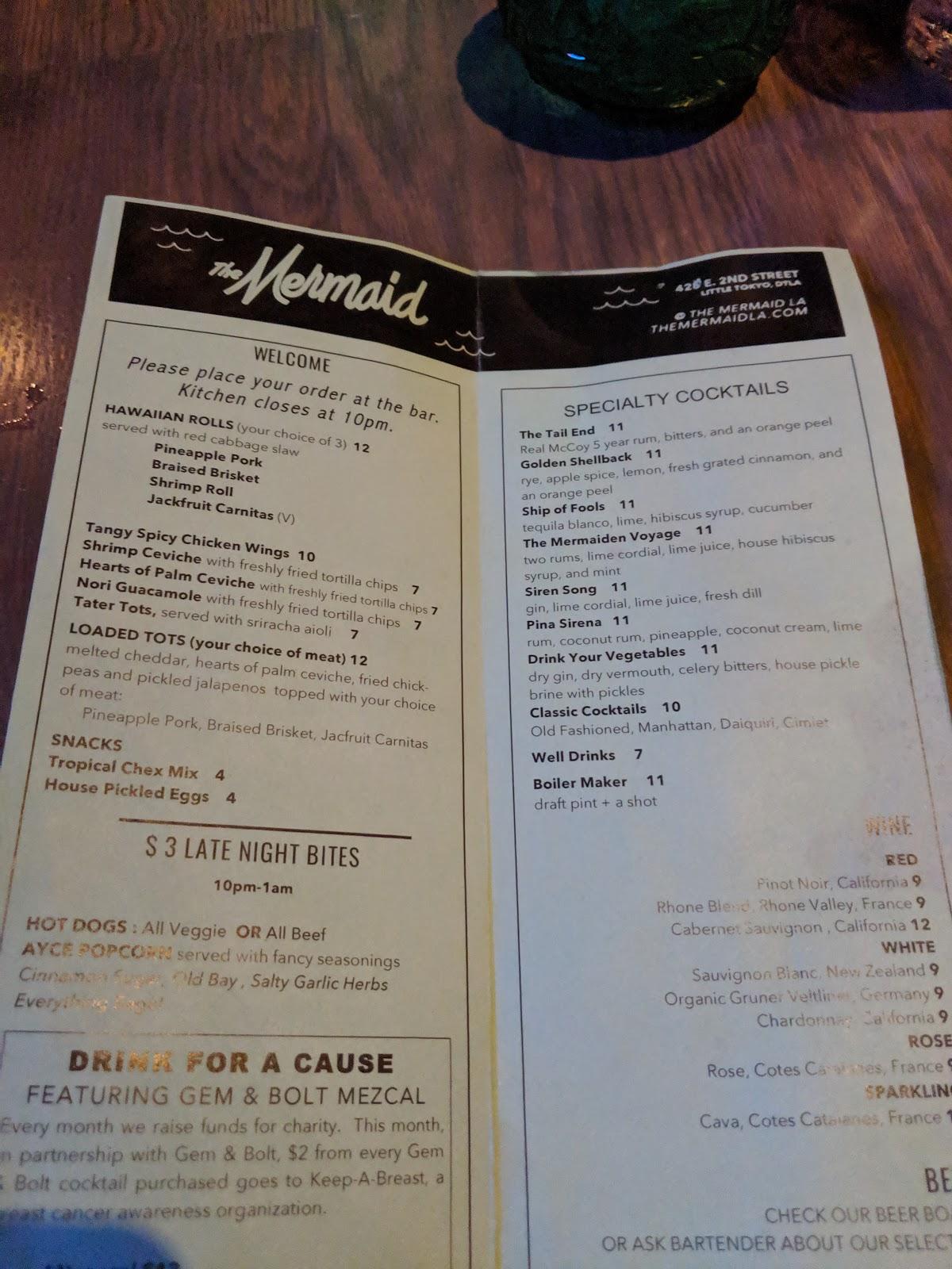 Menu at The Mermaid pub & bar, Los Angeles