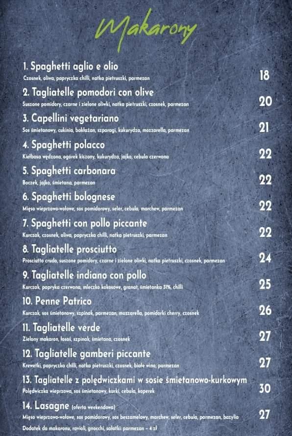 Menu at Tomcio Paluch Pasta restaurant, Suwalki