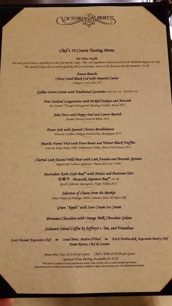 Menu at Victoria & Albert's restaurant, Orlando