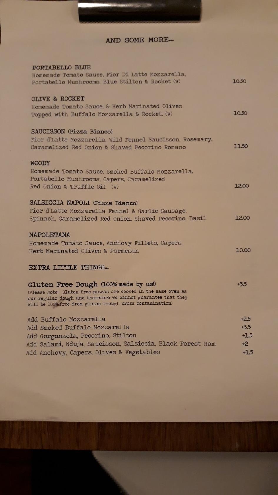Menu at Woodbox Pizzeria, Brighton