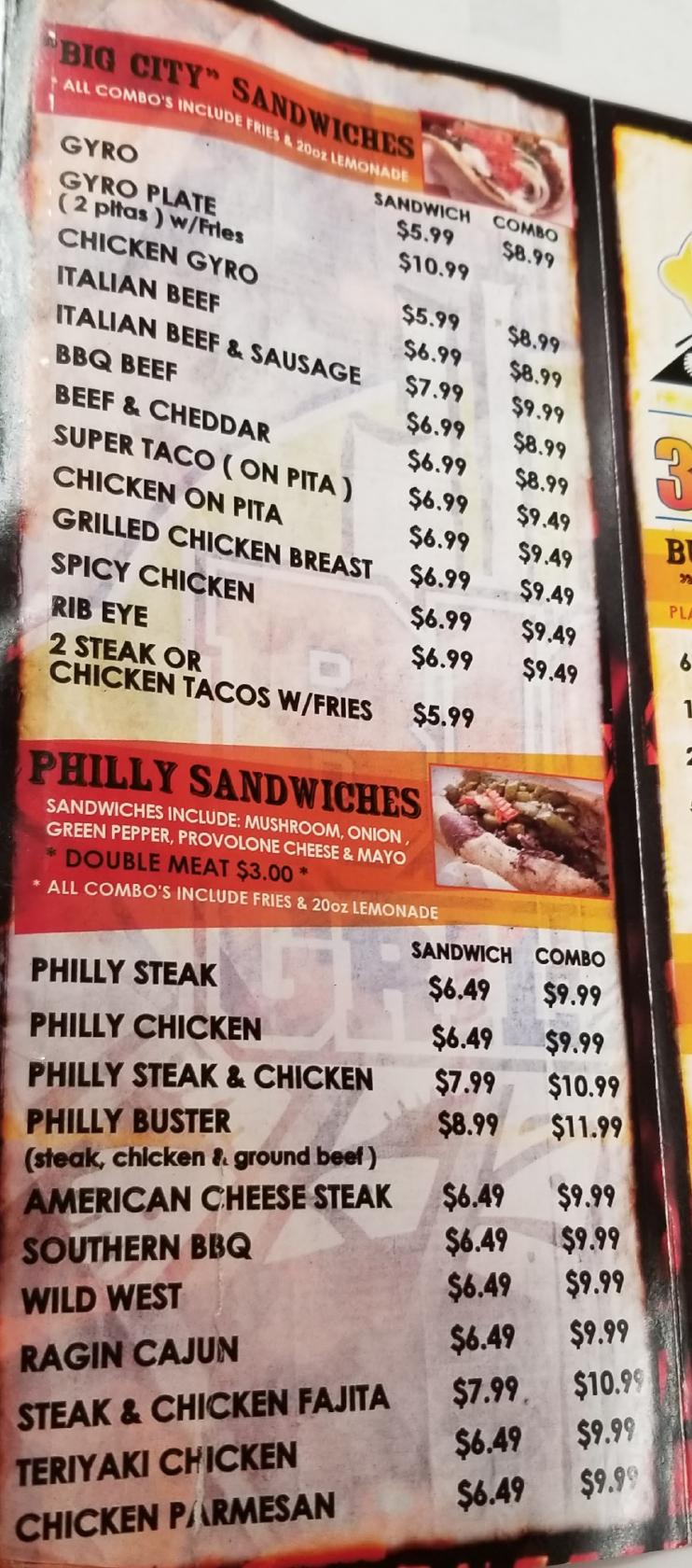 Menu at Big City Grill & Lemonade restaurant, Indianapolis