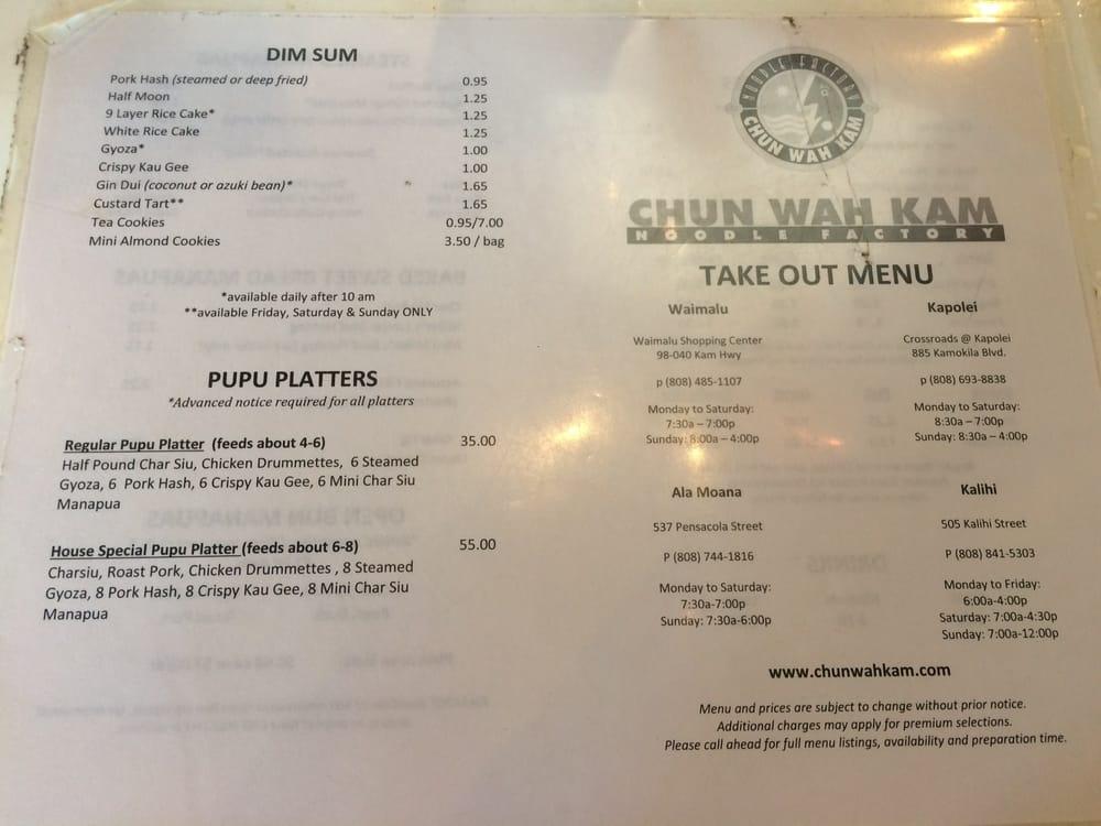 Menu at Chun Wah Kam Noodle Factory restaurant, Kapolei
