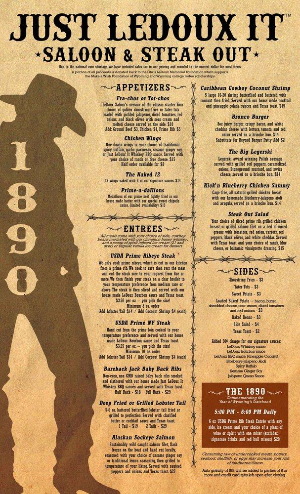 Menu at Just LeDoux It Saloon & Steak Out pub & bar, Sheridan