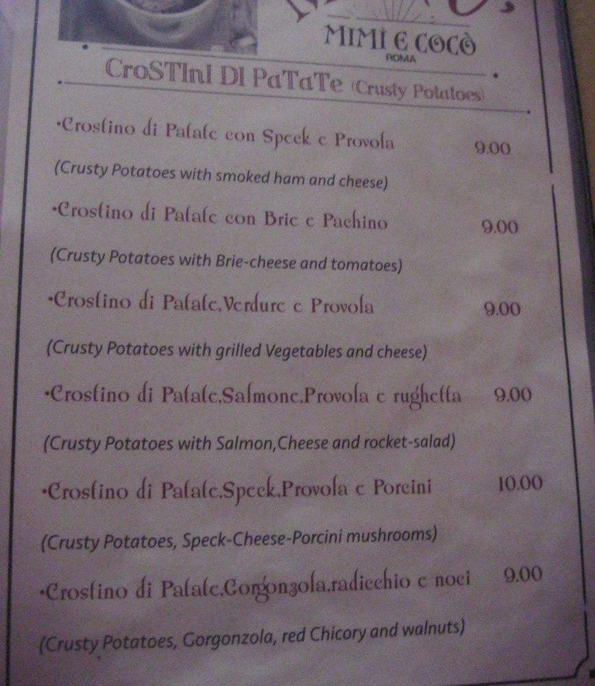 Menu da Mimì e Coco pub & bar, Roma, Via del Governo Vecchio