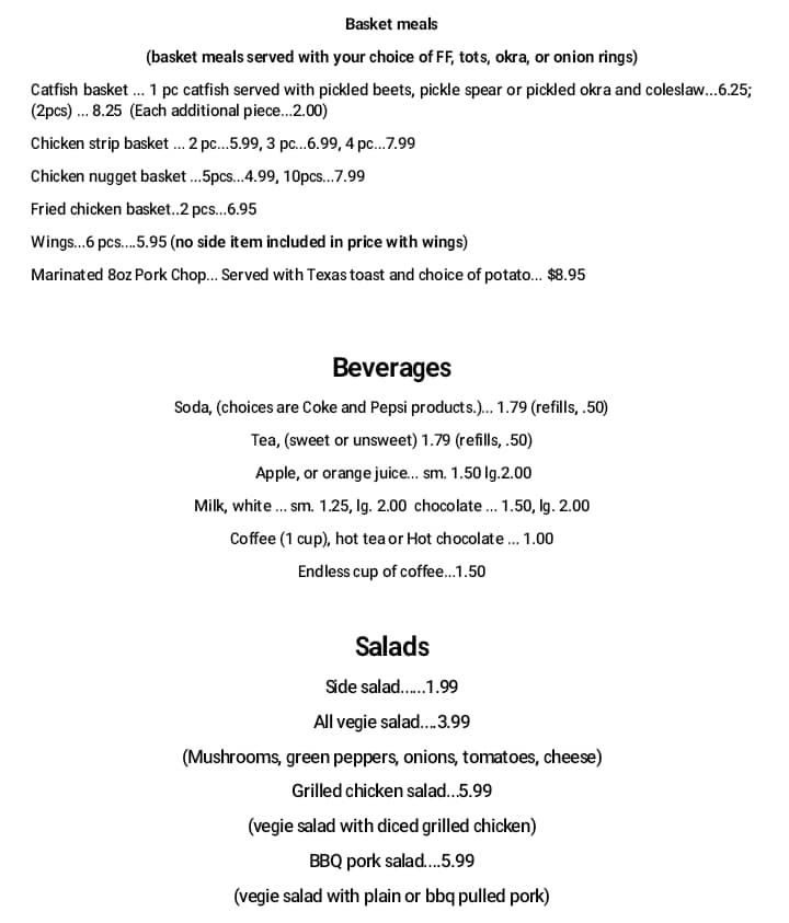 Menu at Our House Cafe, Calico Rock