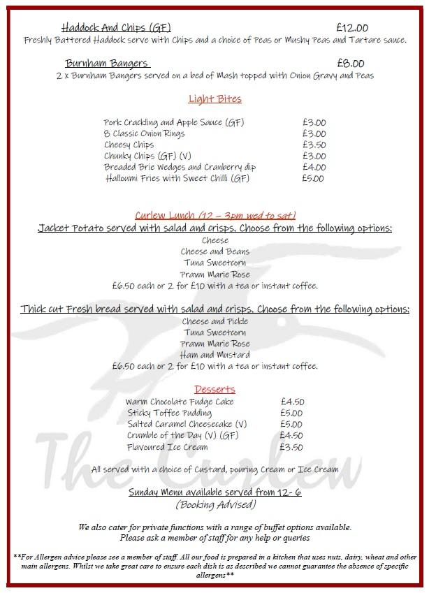 Menu at The Curlew pub & bar, South Woodham Ferrers
