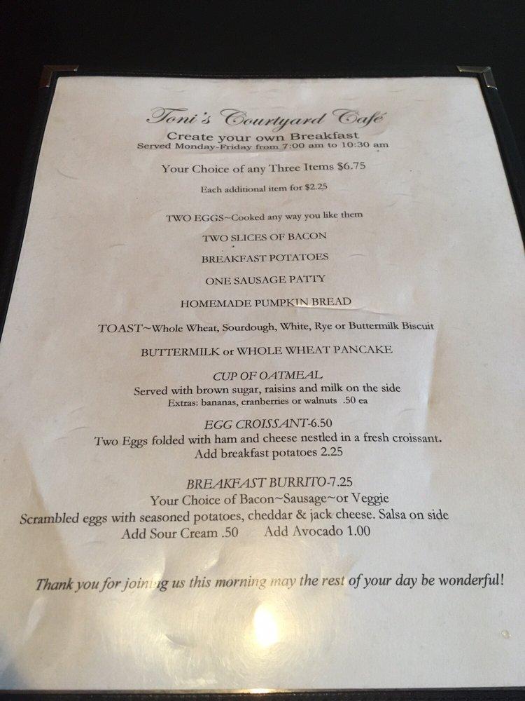 Menu at Toni's Courtyard Café cafe, Merced