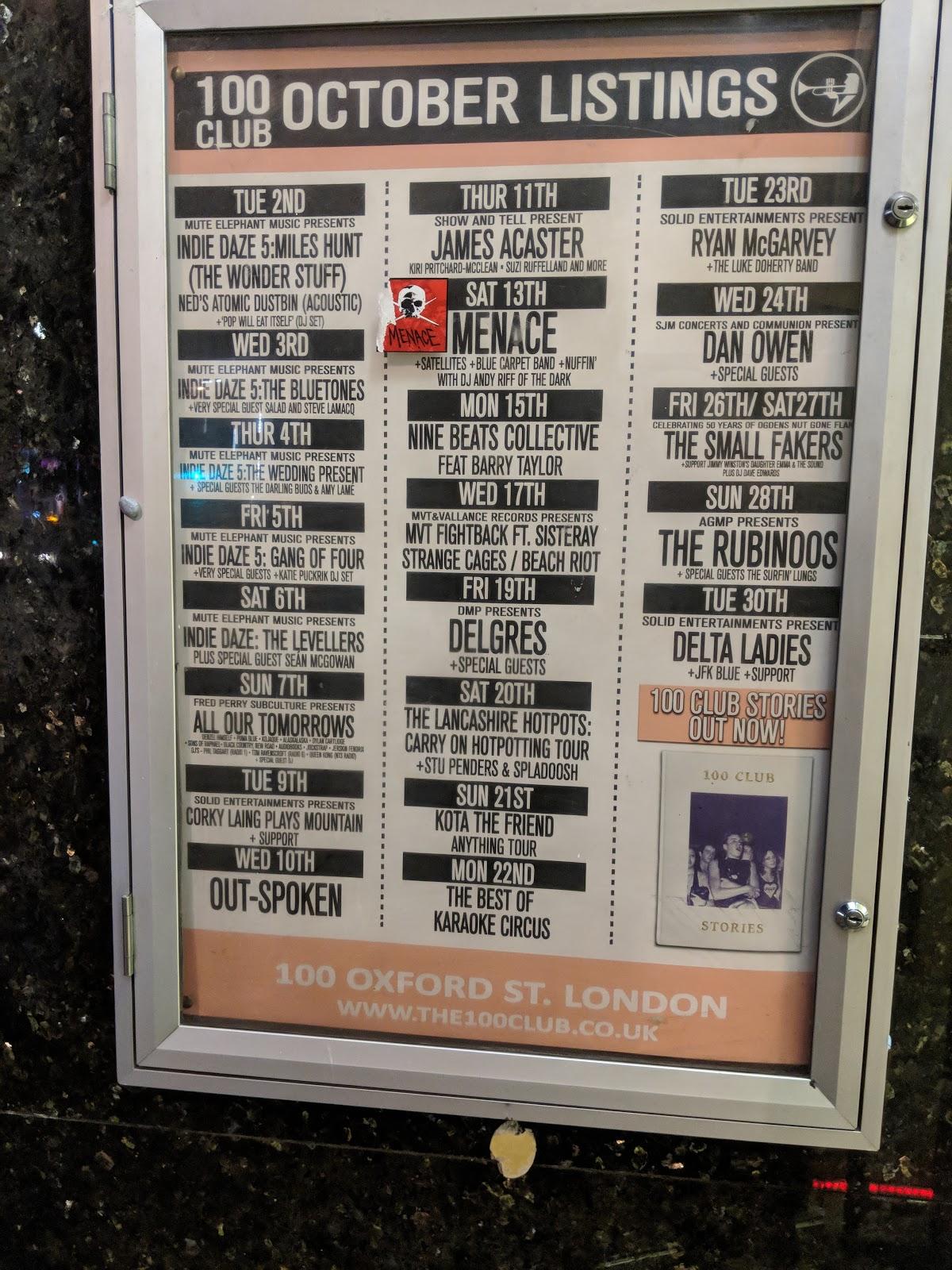 Menu at 100 Club, London